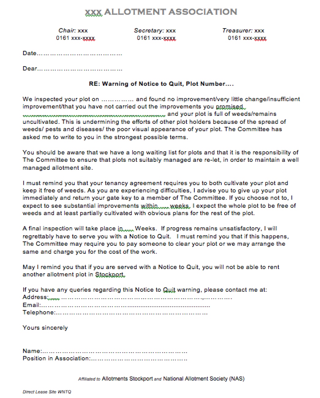 Non-Cultivation Letters | Allotments Stockport