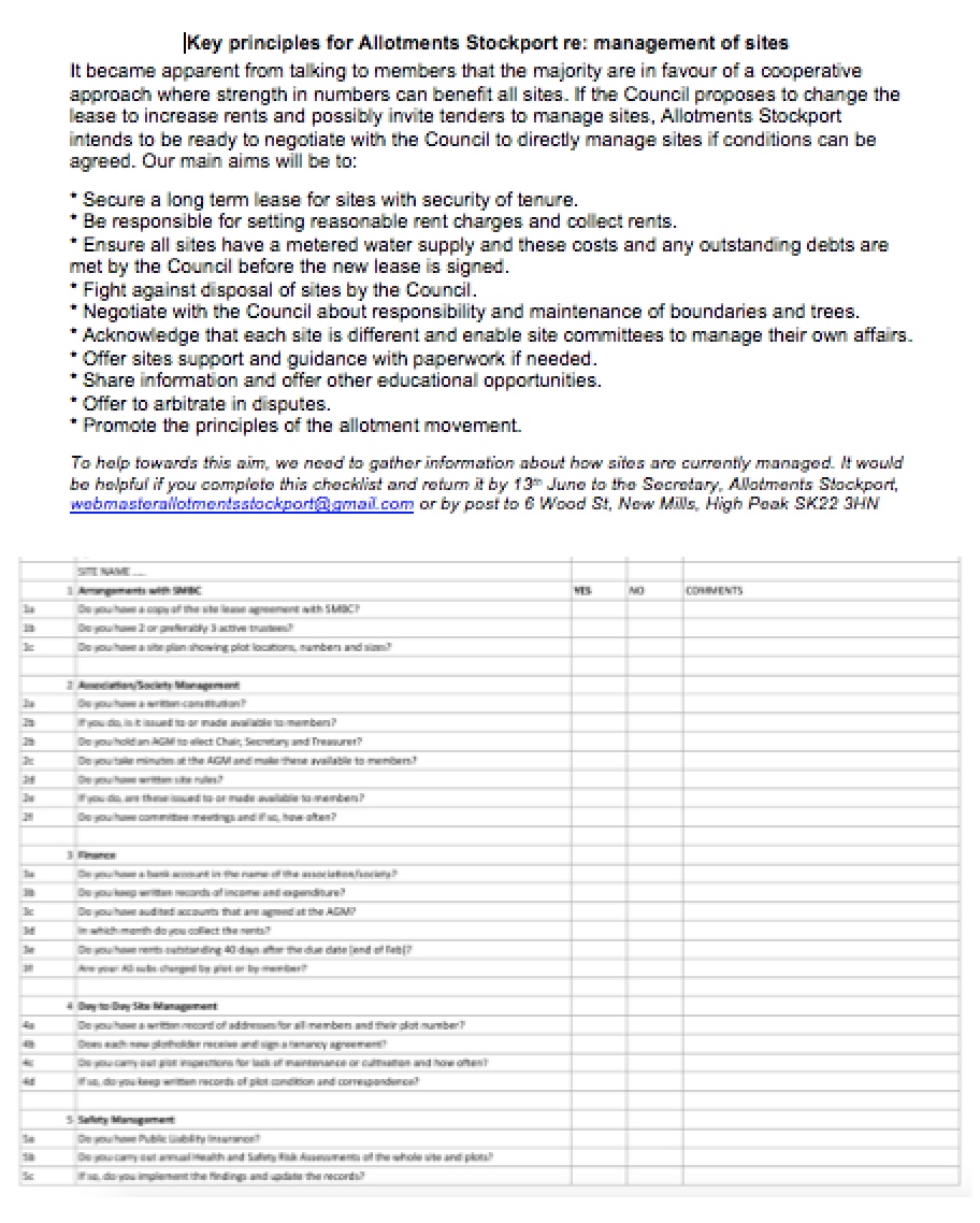 Check List for sites | Allotments Stockport